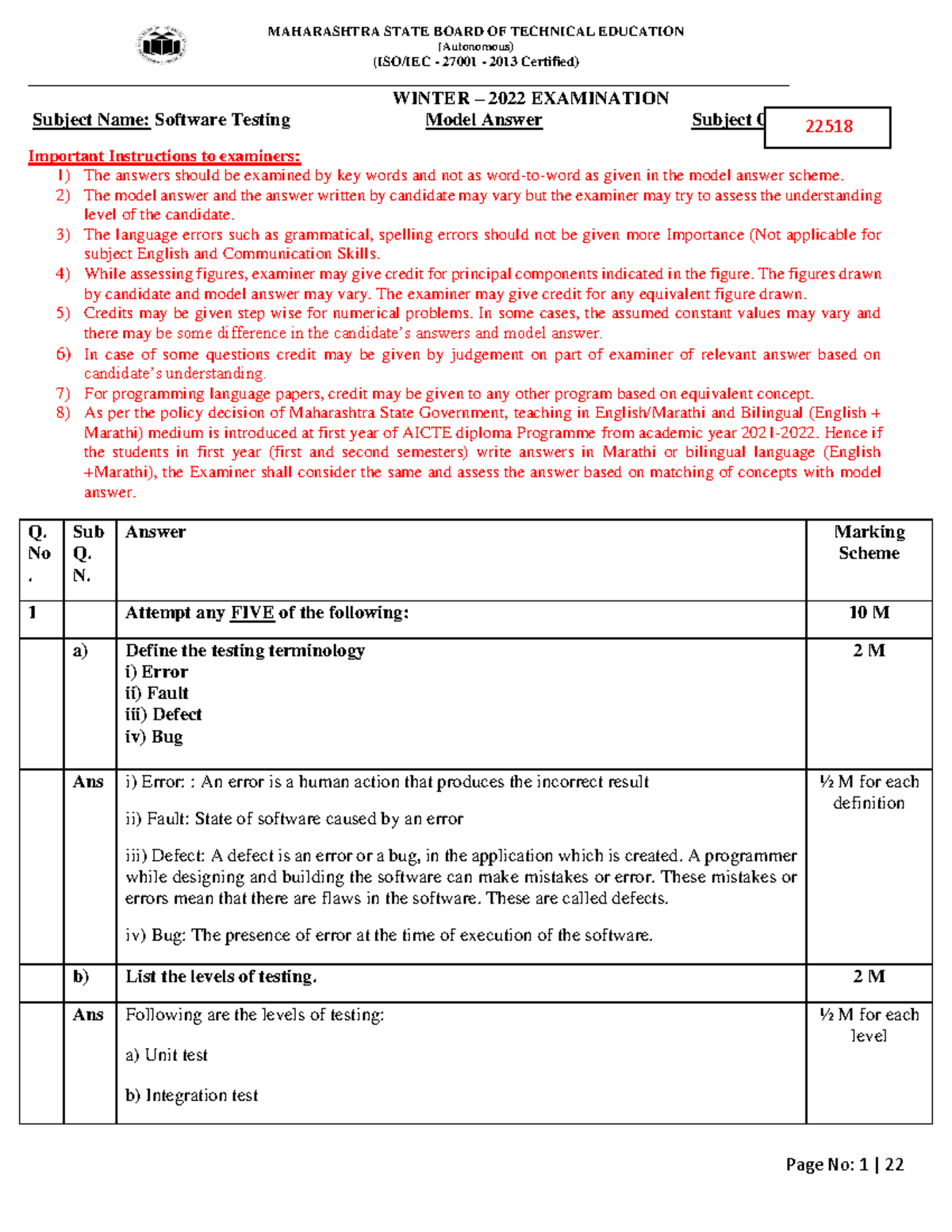 **STE 22518 Winter 2022 Software Testing Model Answers & Evaluation ...