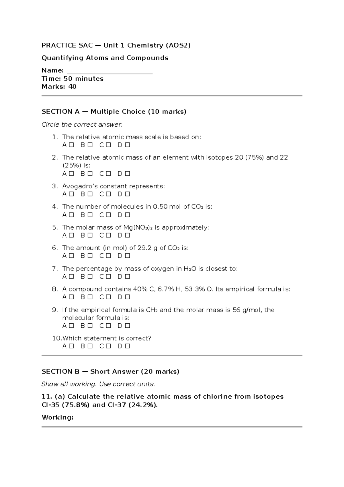 PRACTICE SAC Unit 1 Chemistry (AOS2): Quantifying Atoms & Compounds ...