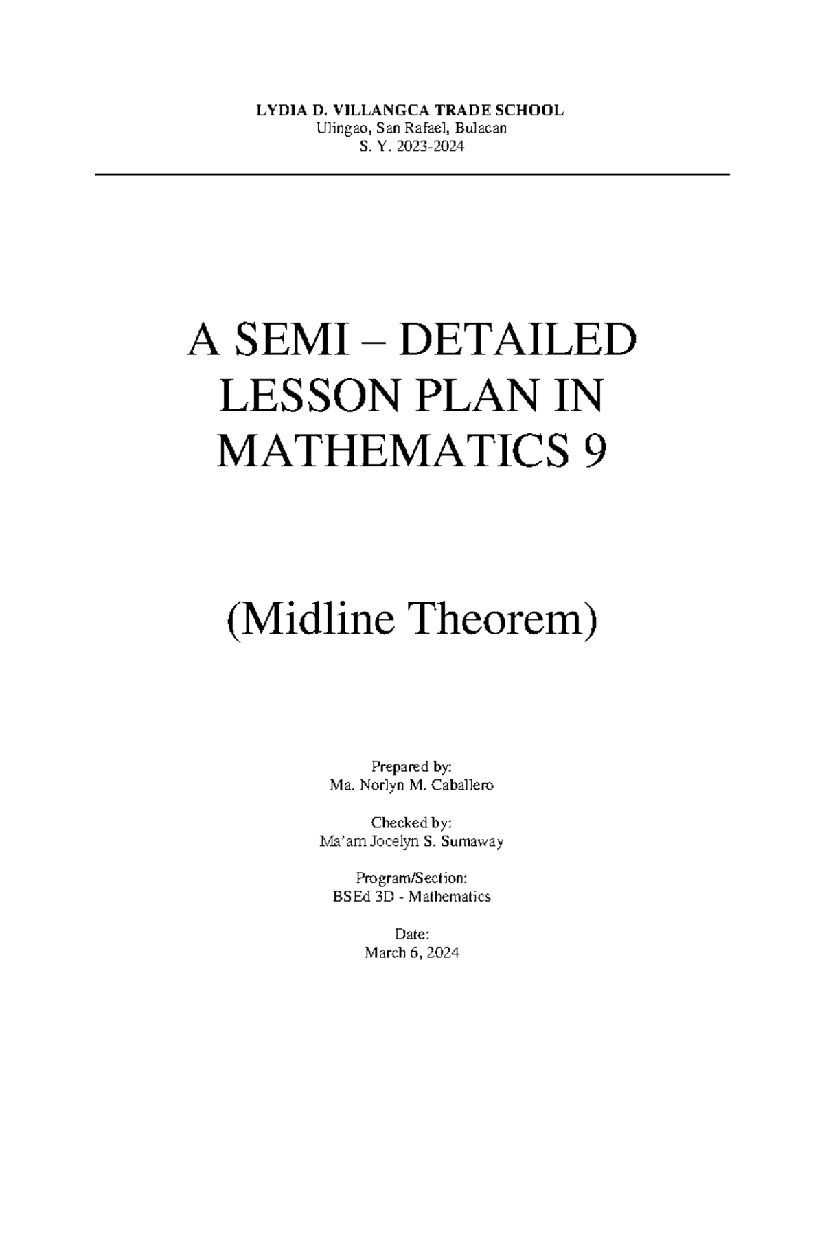 Midline Theorem Lesson Plan for Mathematics 9 (BSEd 3D) - Studocu