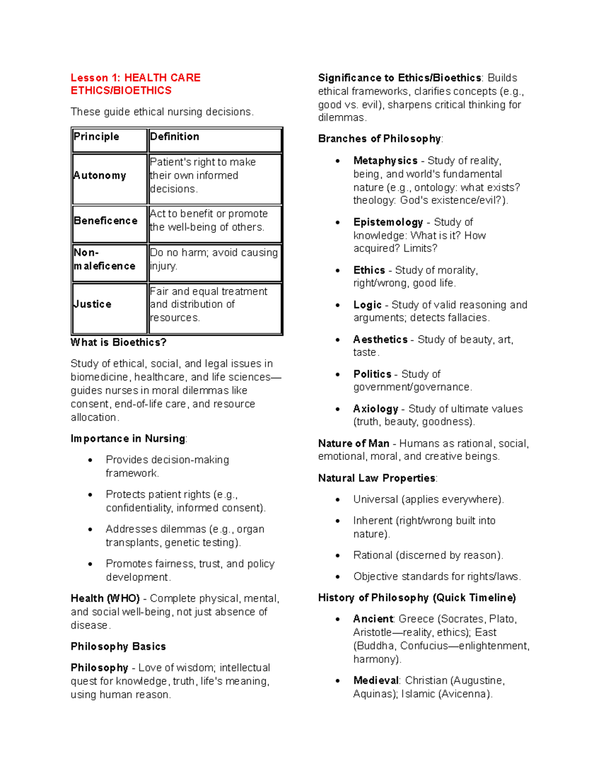 Bioethics Review: Key Concepts and Ethical Frameworks in Nursing - Studocu