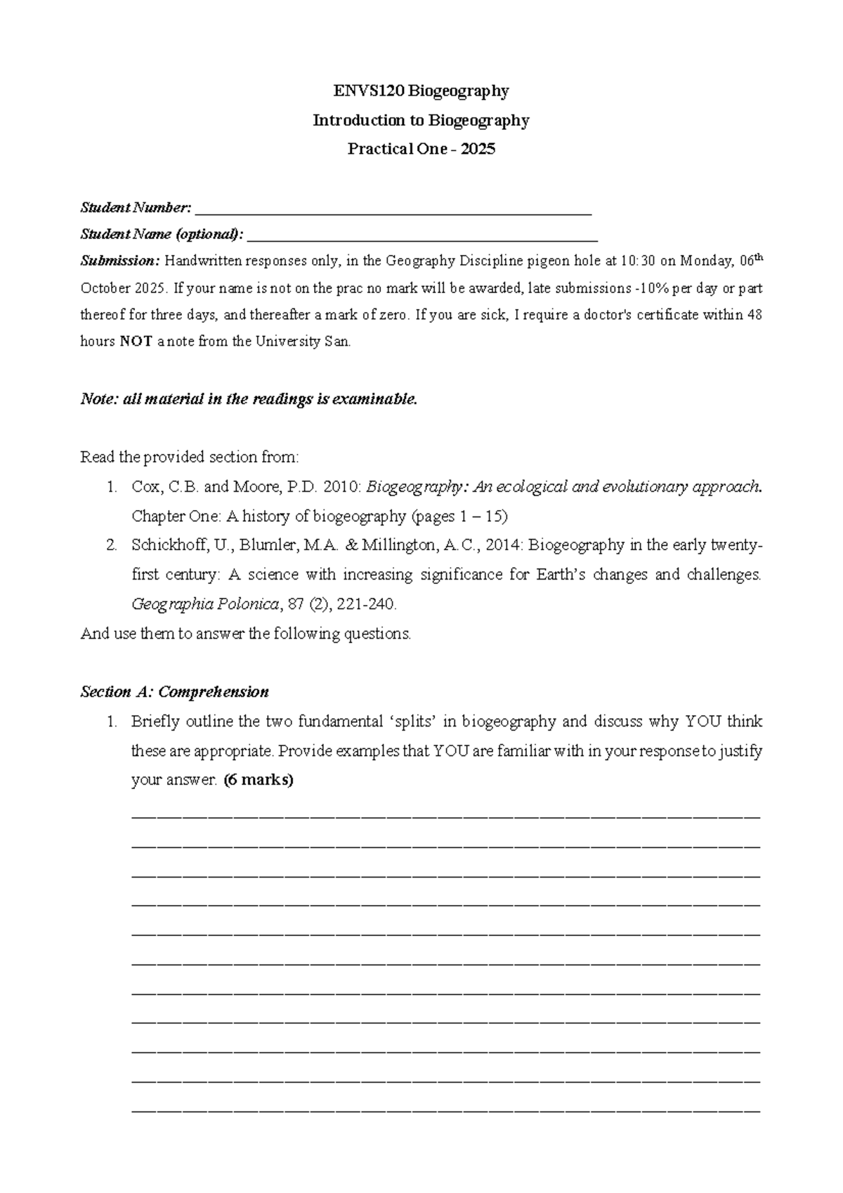 ENVS120 Biogeography Practical One: Key Concepts & Questions 2025 - Studocu