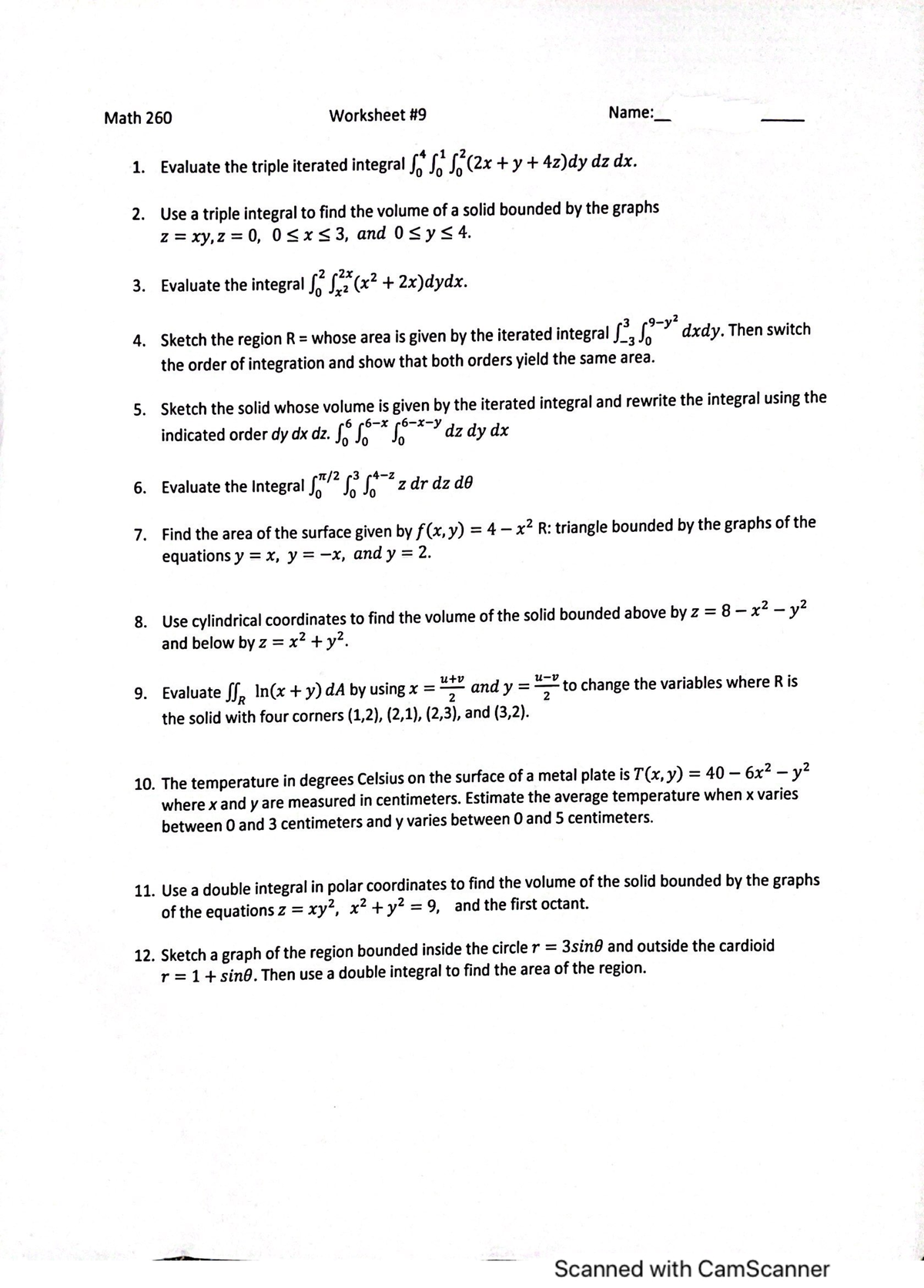 Math 260 Final Exam Worksheet 9: Triple Integrals & Volumes - Studocu