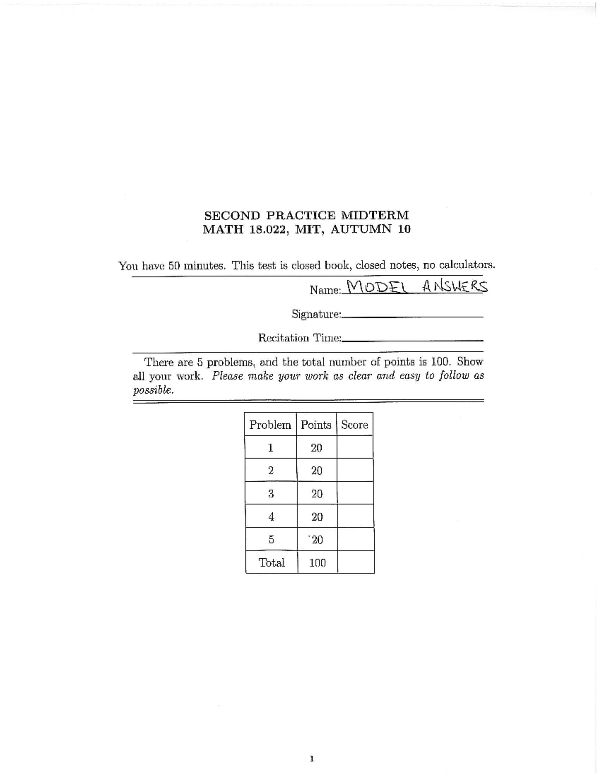 Model Answers for Practice Midterm Math 18.022, MIT Autumn 2010 - Studocu