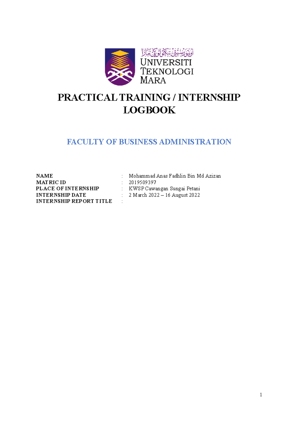 Internship Logbook - Faculty of Business Administration - Studocu
