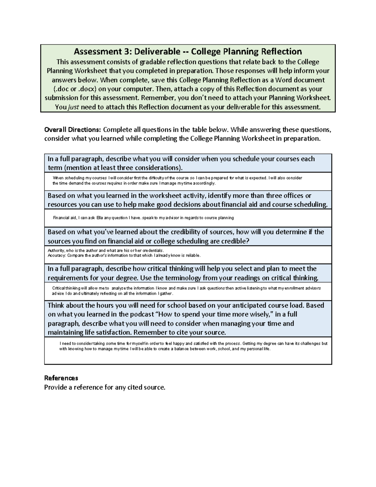 Assessment 3: College Planning Reflection for Course Success - Studocu
