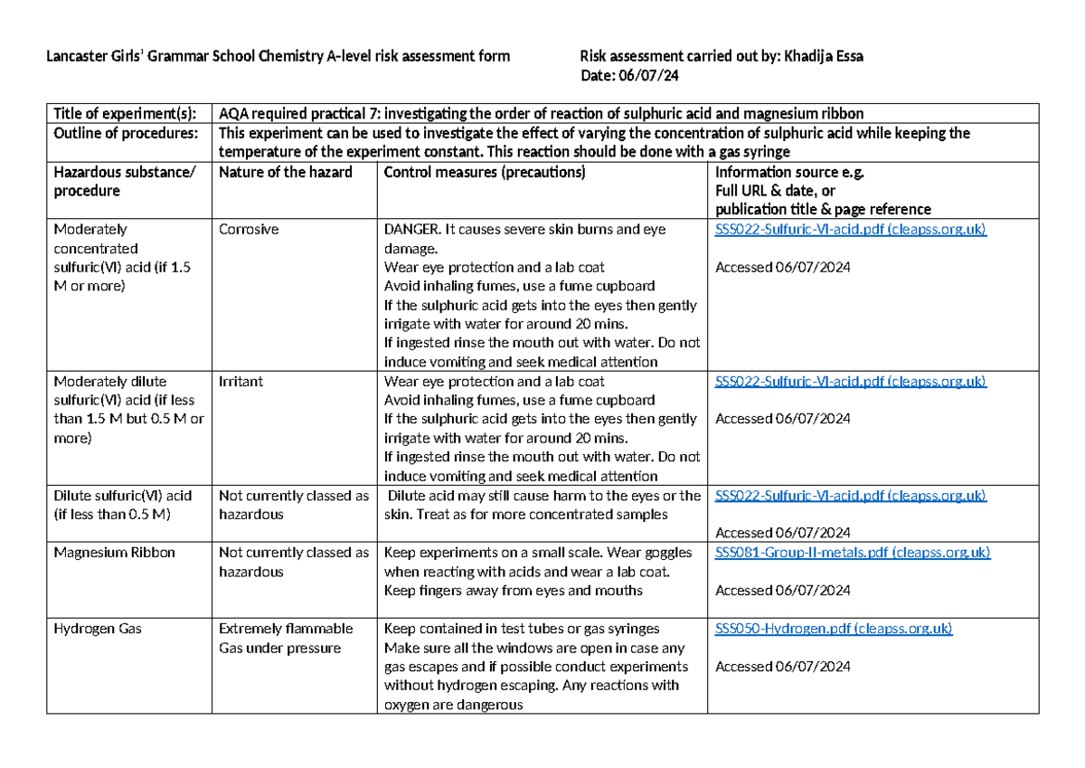 AQA Chemistry A-Level Risk Assessment for Practical 7 (SULFURIC ACID ...