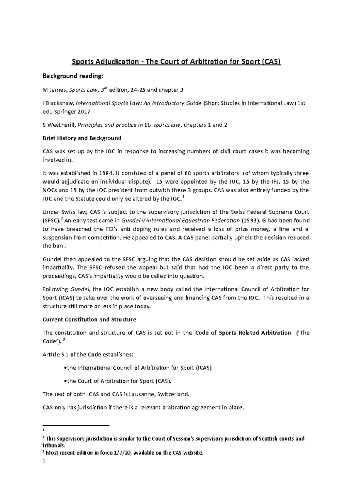 CAS Handout: Overview of the Court of Arbitration for Sport Regulations ...