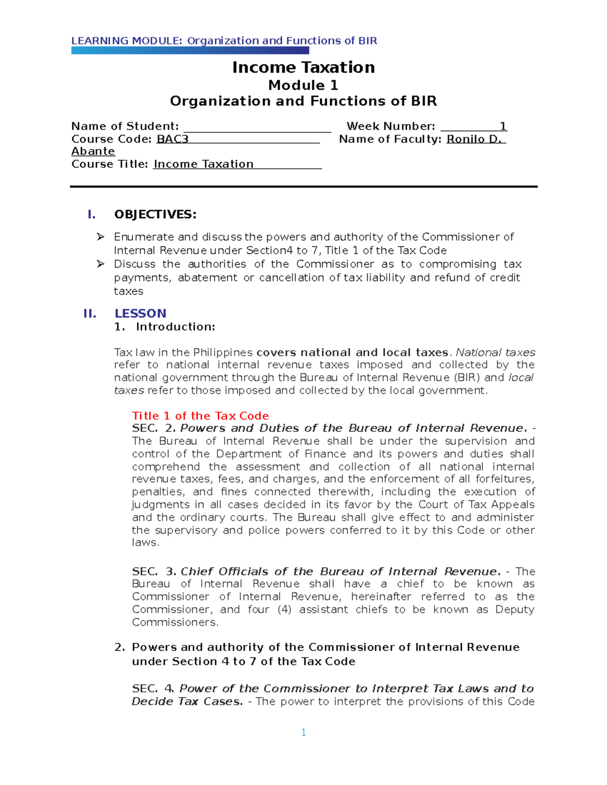 Module 1 - Organization and Functions of BIR - Income Taxation Module 1 ...
