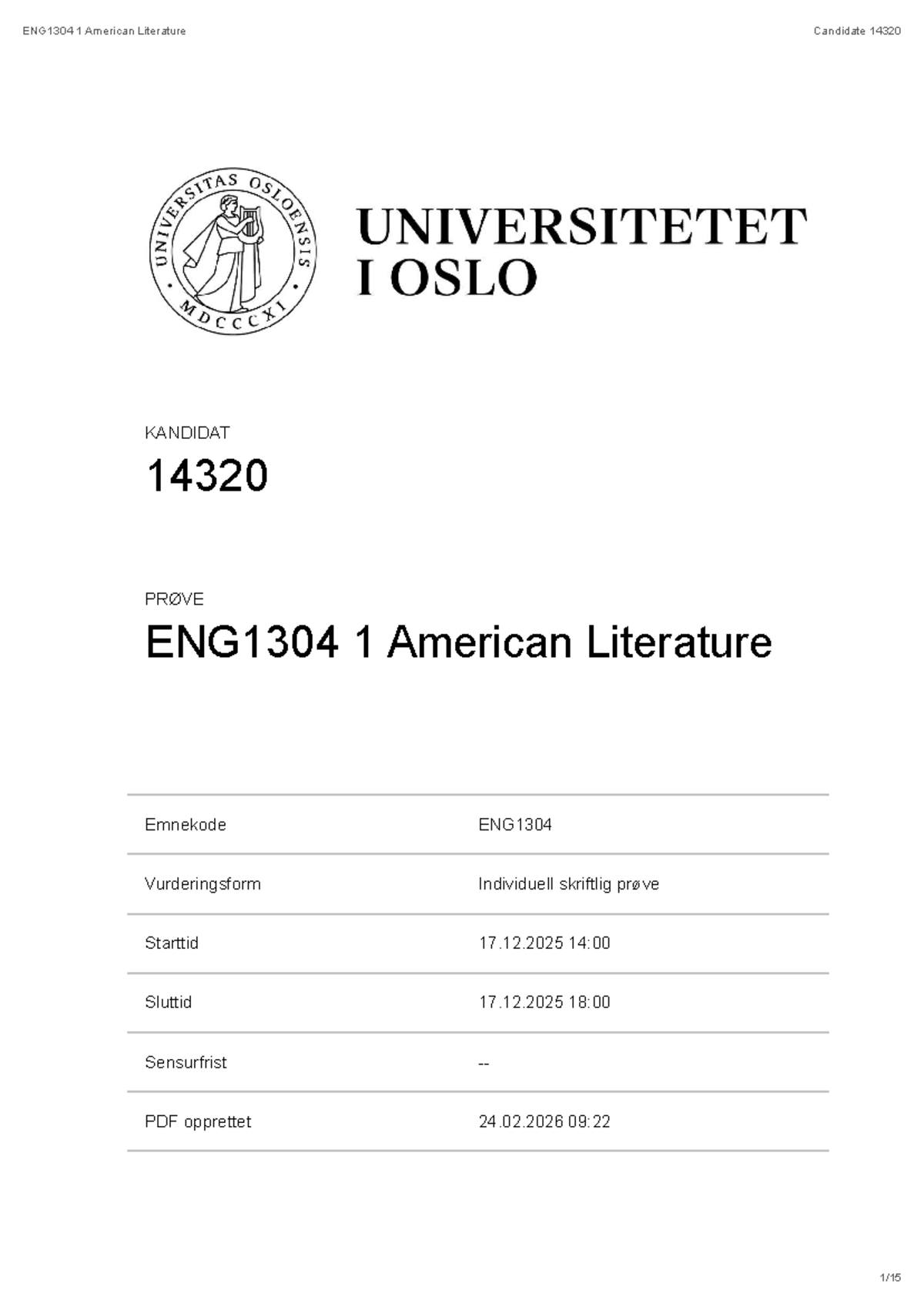 ENG1304 1 American Literature Final Exam: Candidate 14320 Analysis and ...
