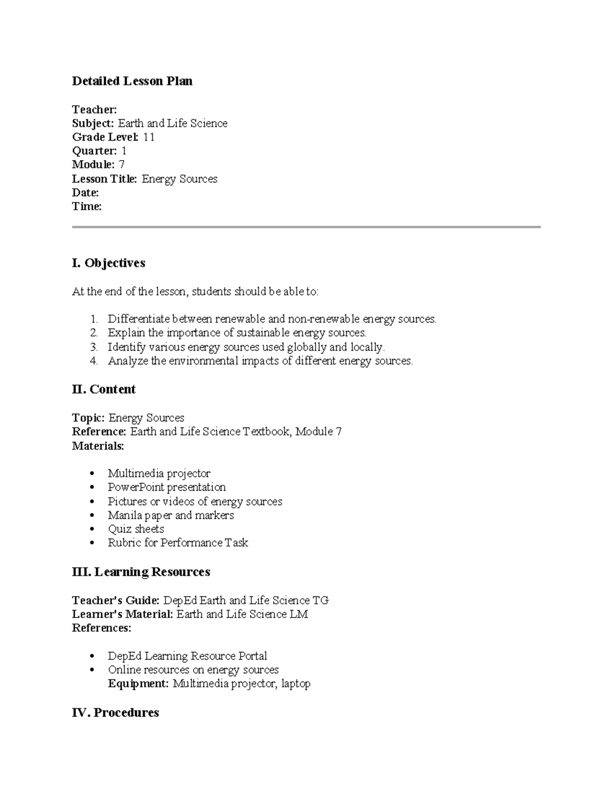 Detailed Lesson Plan for Earth and Life Science - Energy Sources (Grade ...