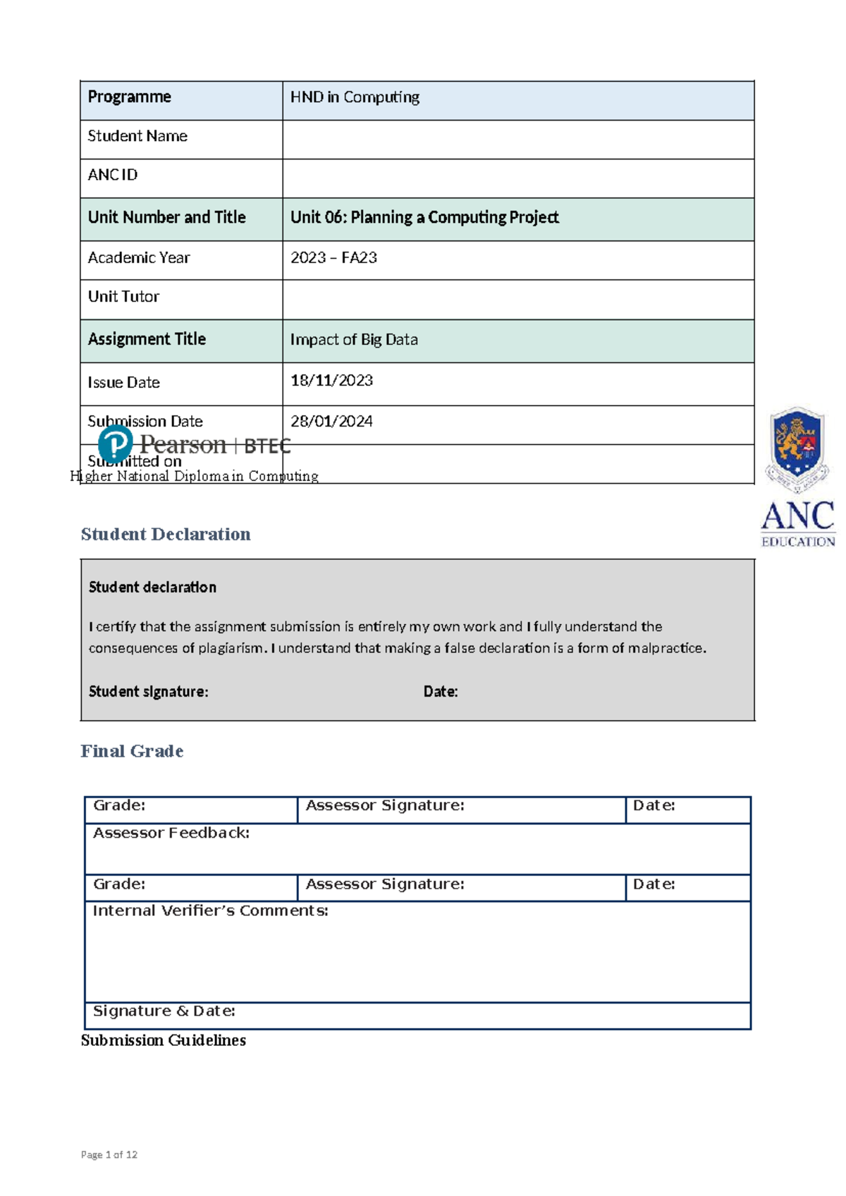 Assignment - Programme HND in Computing Student Name ANC ID Unit Number ...