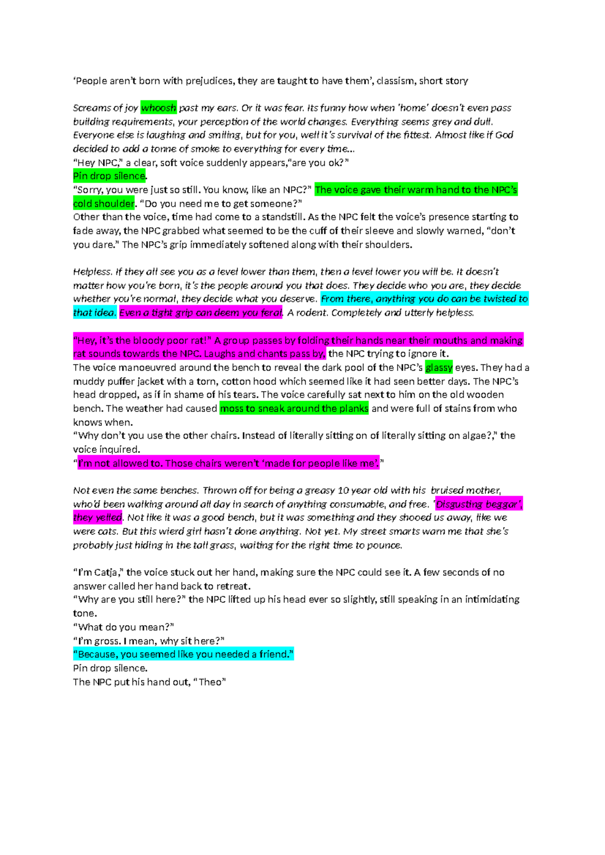 Classism and Prejudice: A Short Story Reflection on Society - Studocu