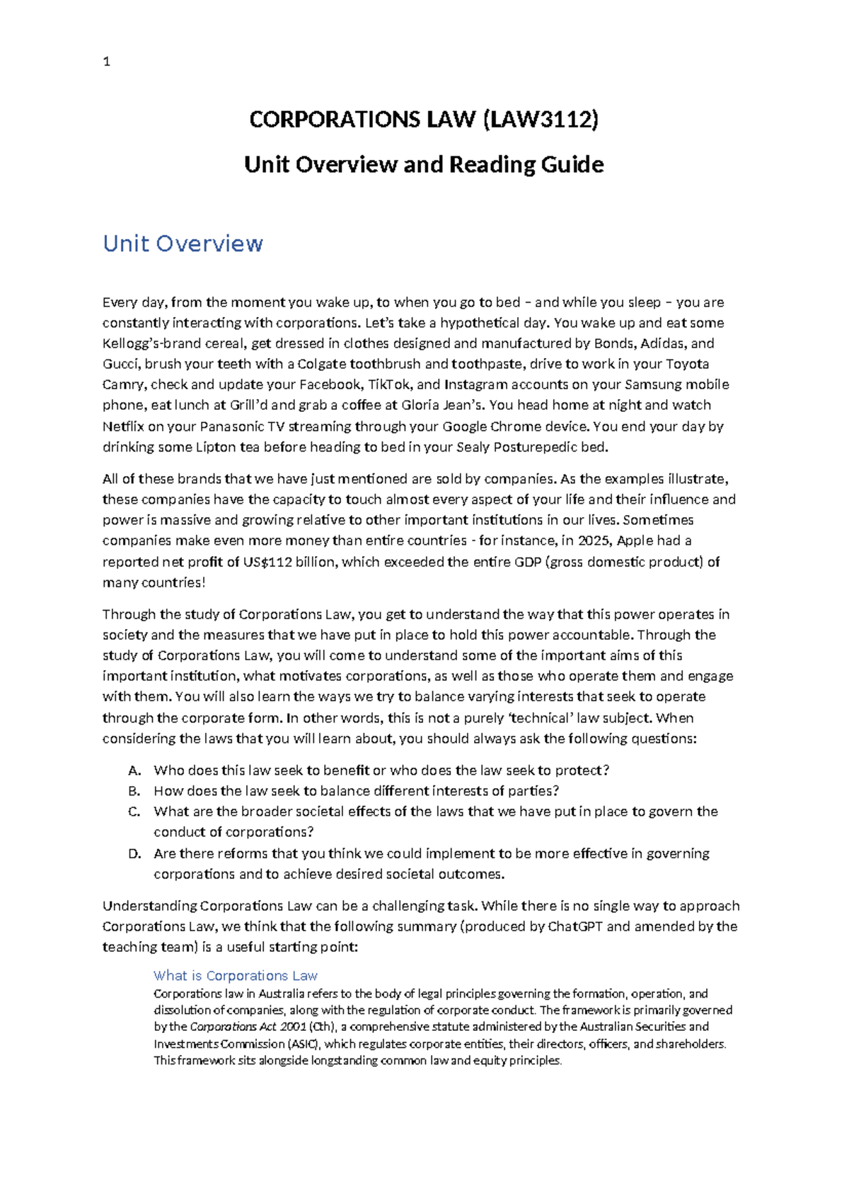 Corporations Law (LAW3112) Unit Overview & Reading Guide - Studocu