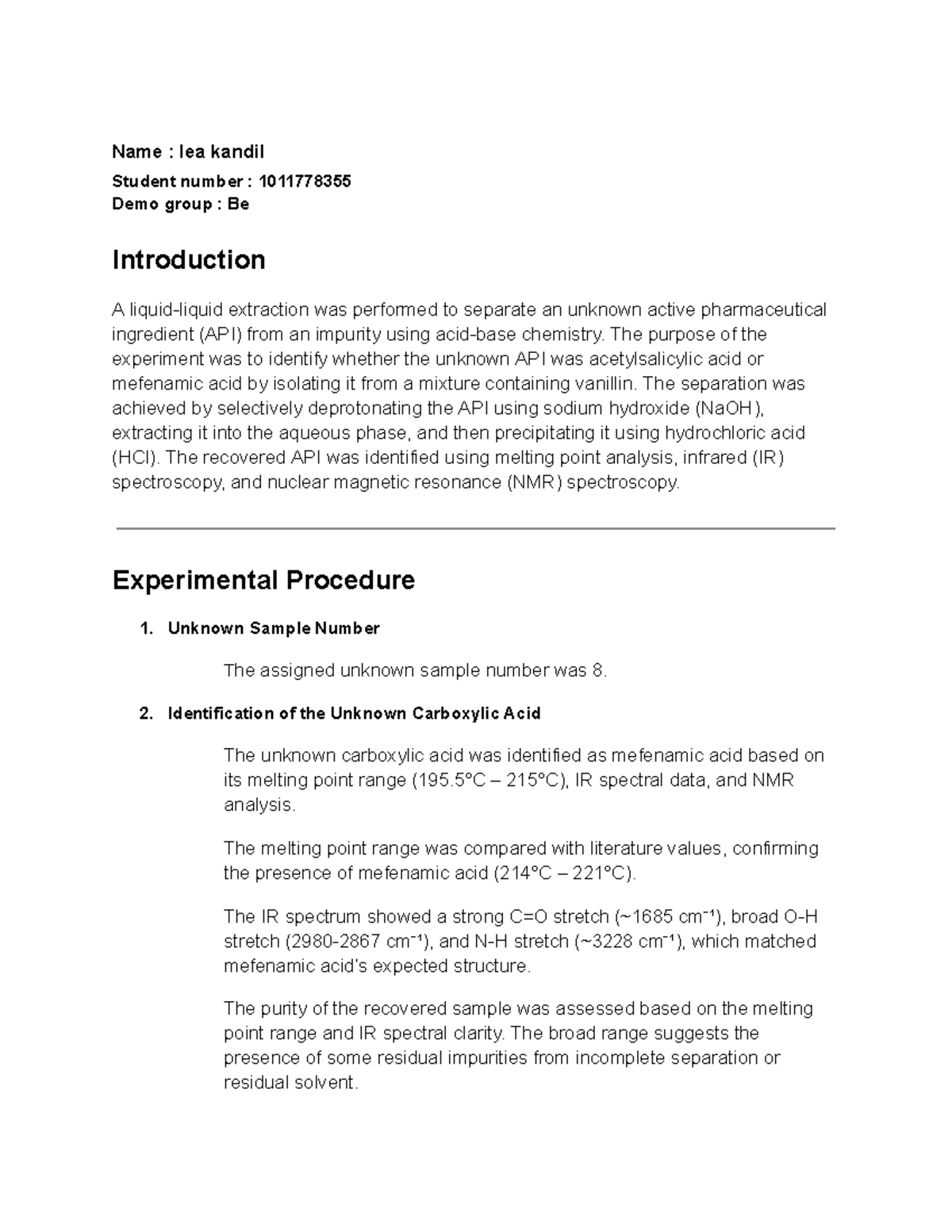 CHM136H Lab 3-3 - Liquid-Liquid Extraction Lab Report on Mefenamic Acid ...