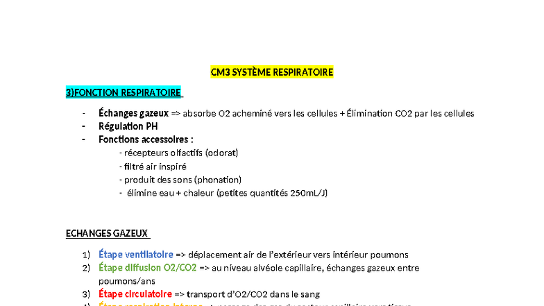CM3 SYSTÈME RESPIRATOIRE : Fonctionnement et Échanges Gazeux - Studocu