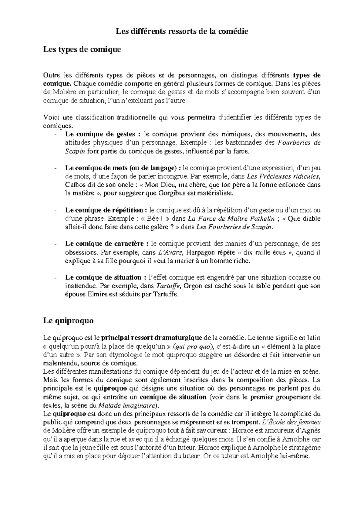 Différentes formes de comique au théâtre : études et classifications ...
