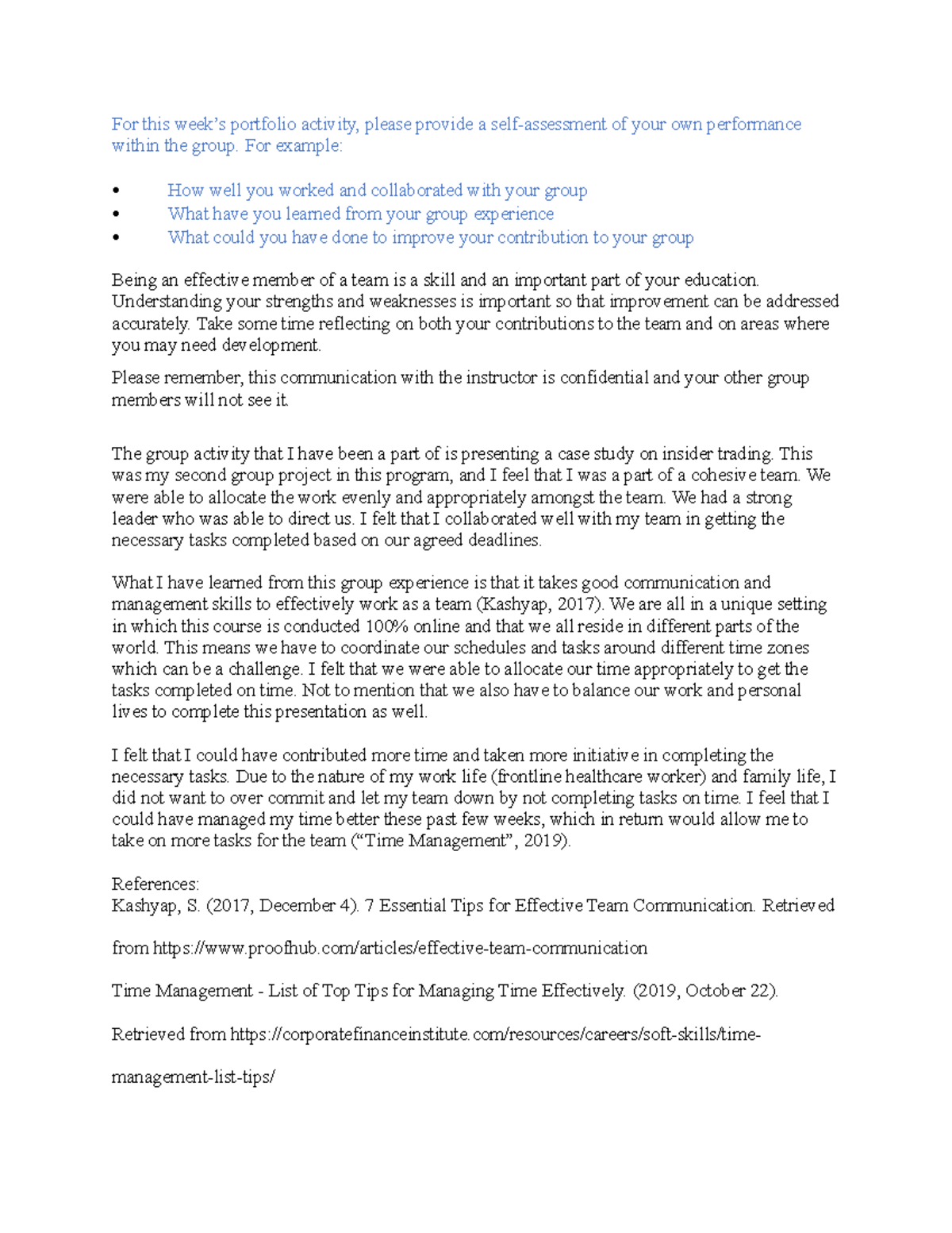 Unit 8 Portfolio Self Assessment On Group Performance Studocu