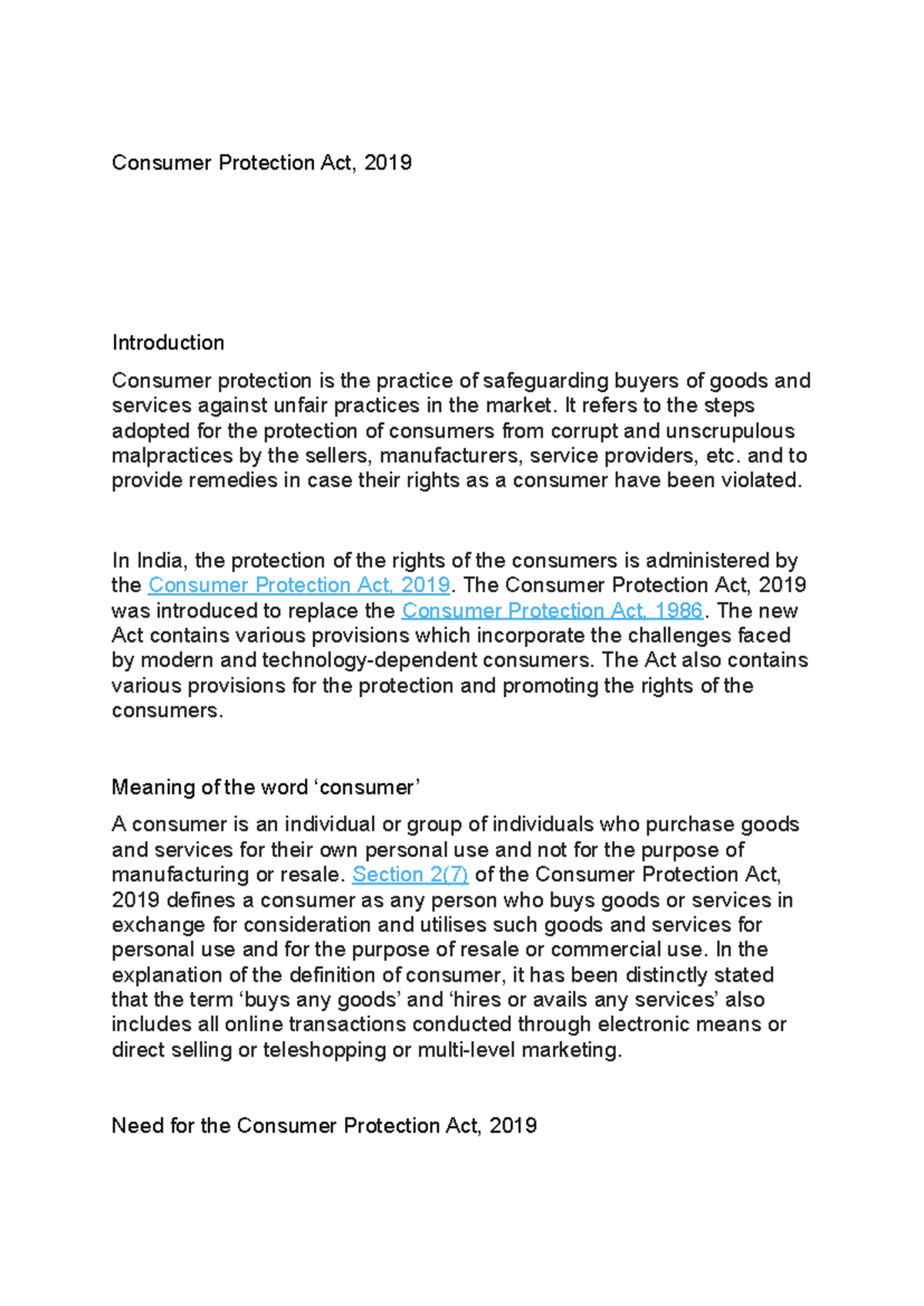 Consumer Protection Act, 2019: Key Features and Implications - Studocu