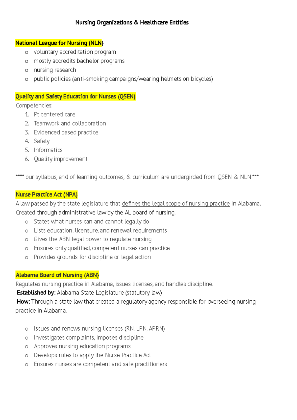 Nursing Organizations and Accreditation Overview (NLN, QSEN) - Studocu
