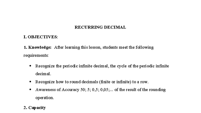 6 Recurring Decimals - Lesson Plan and Teaching Objectives - Studocu