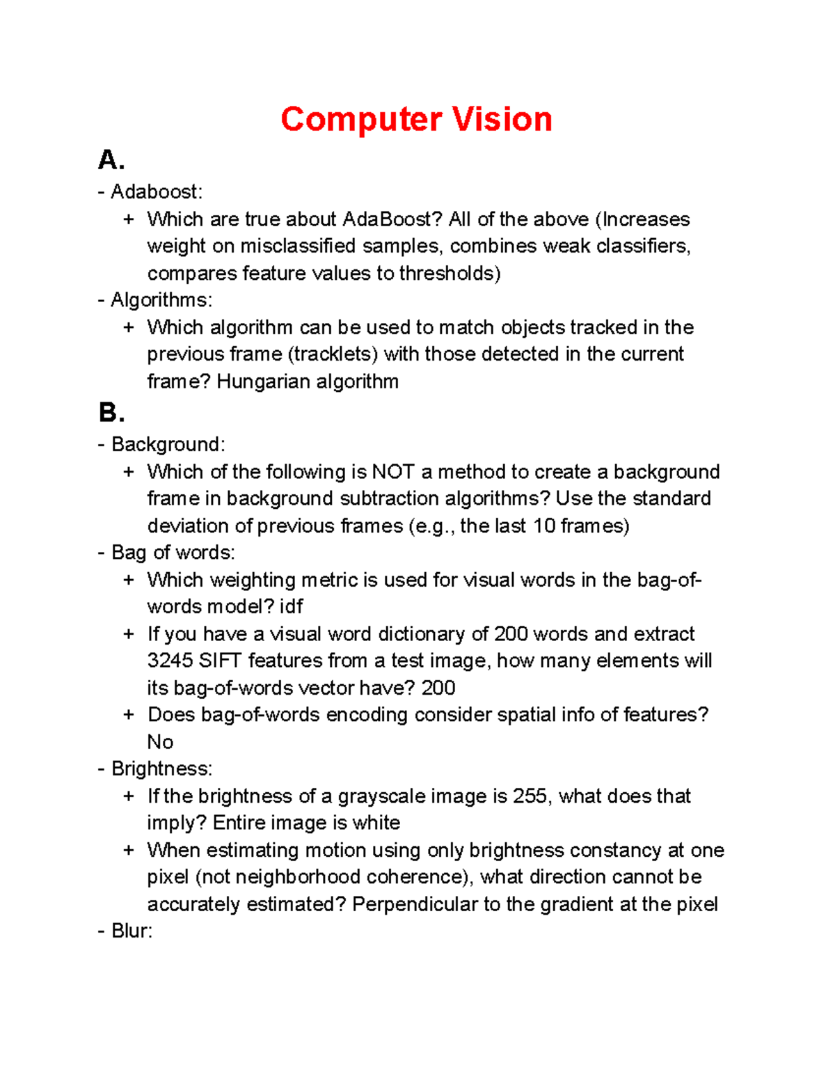Computer Vision A: Key Concepts and Algorithms Overview - Studocu