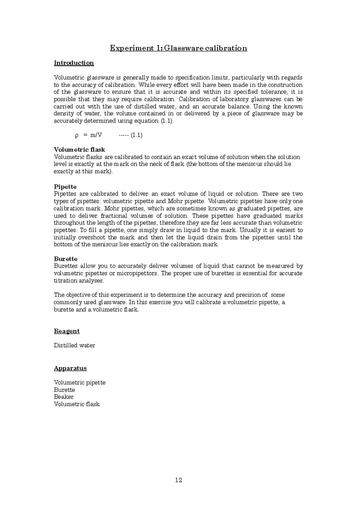 Experiment STK1201: Calibration of Volumetric Glassware Techniques ...