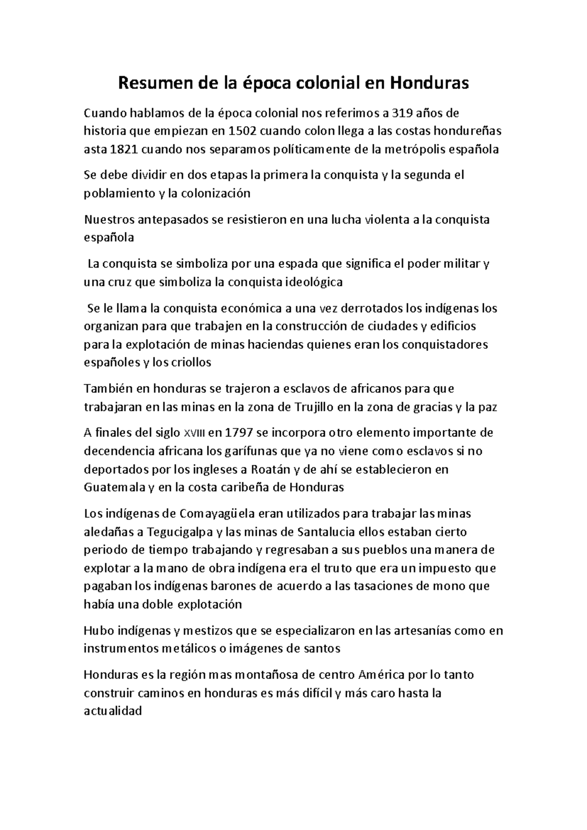 Resumen de la Época Colonial en Honduras: 1502-1821 - Studocu
