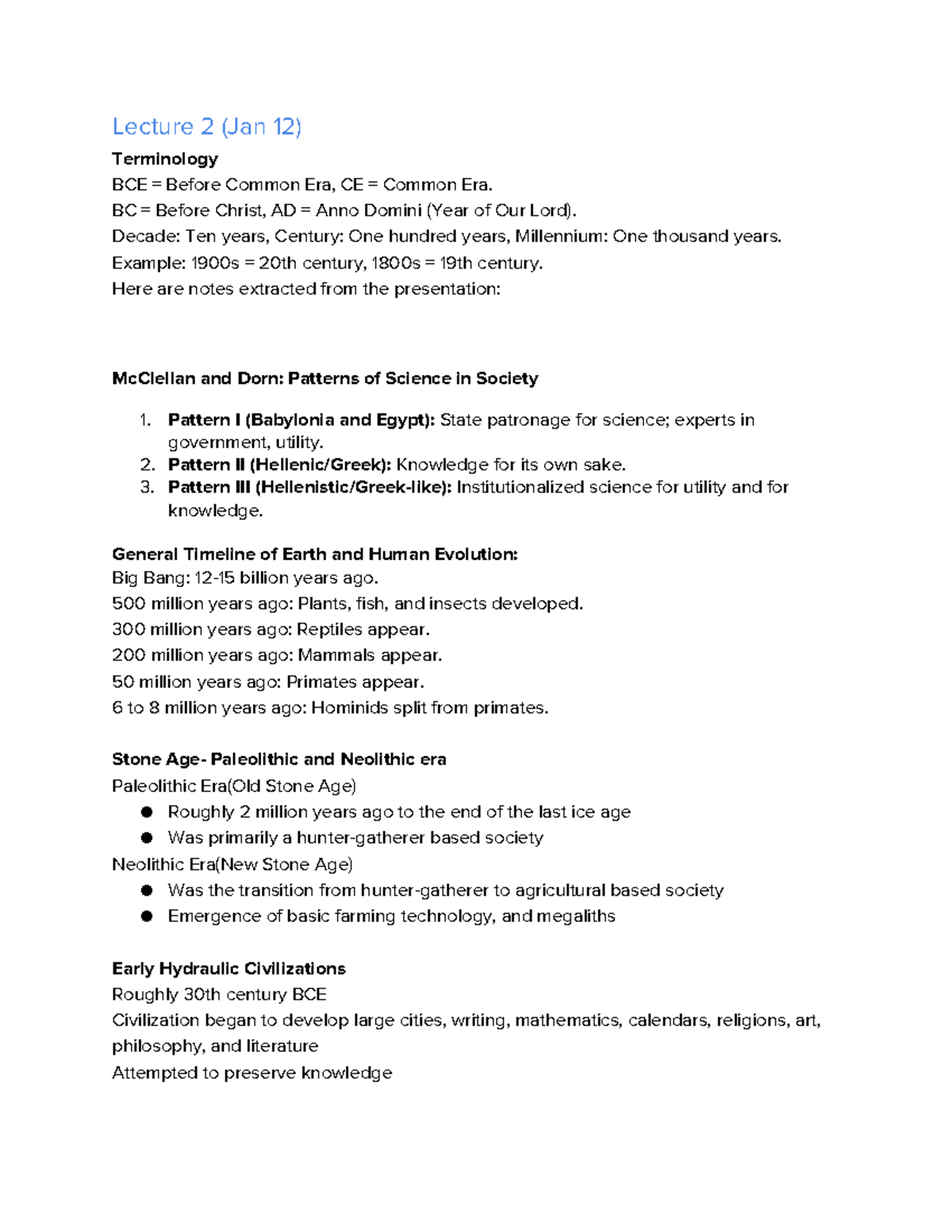 Untitled document - notes - Lecture 2 (Jan 12) Terminology BCE = Before ...