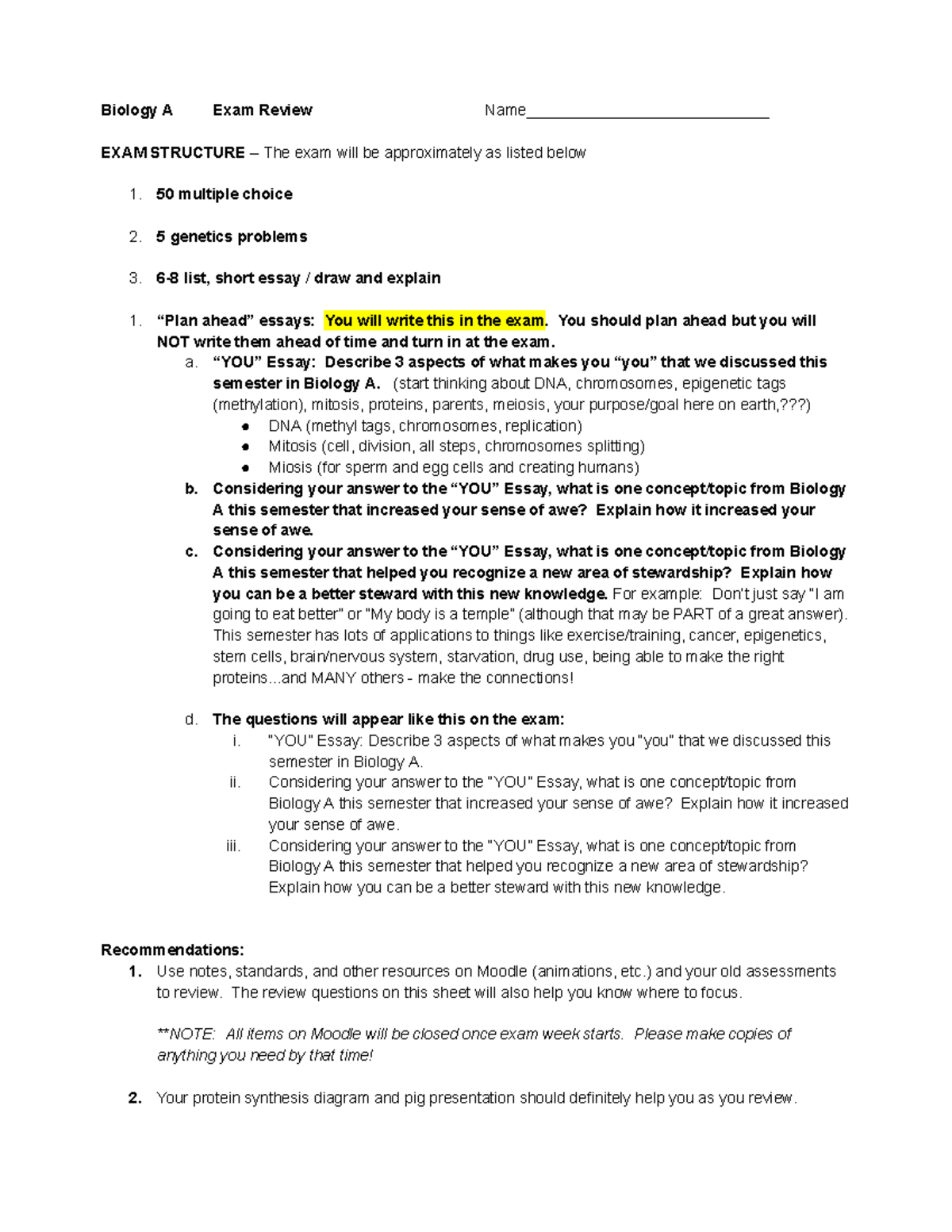 Biology A Final Exam Review - Spring 2025 Study Guide - Studocu