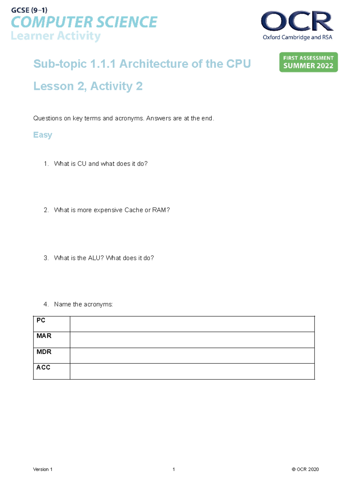 CPU Architecture Worksheet - Lesson 2, Activity 2 (OCR J276) - Studocu