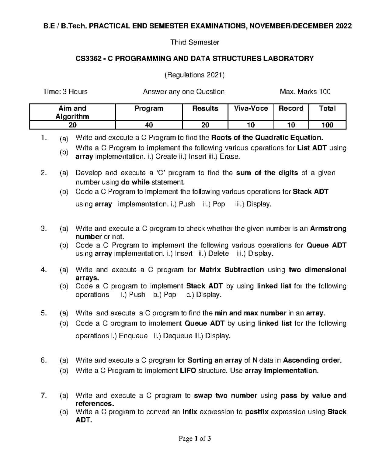 CS3362-SET1 - Lab questions set - Page 1 of 3 B / B. PRACTICAL END ...
