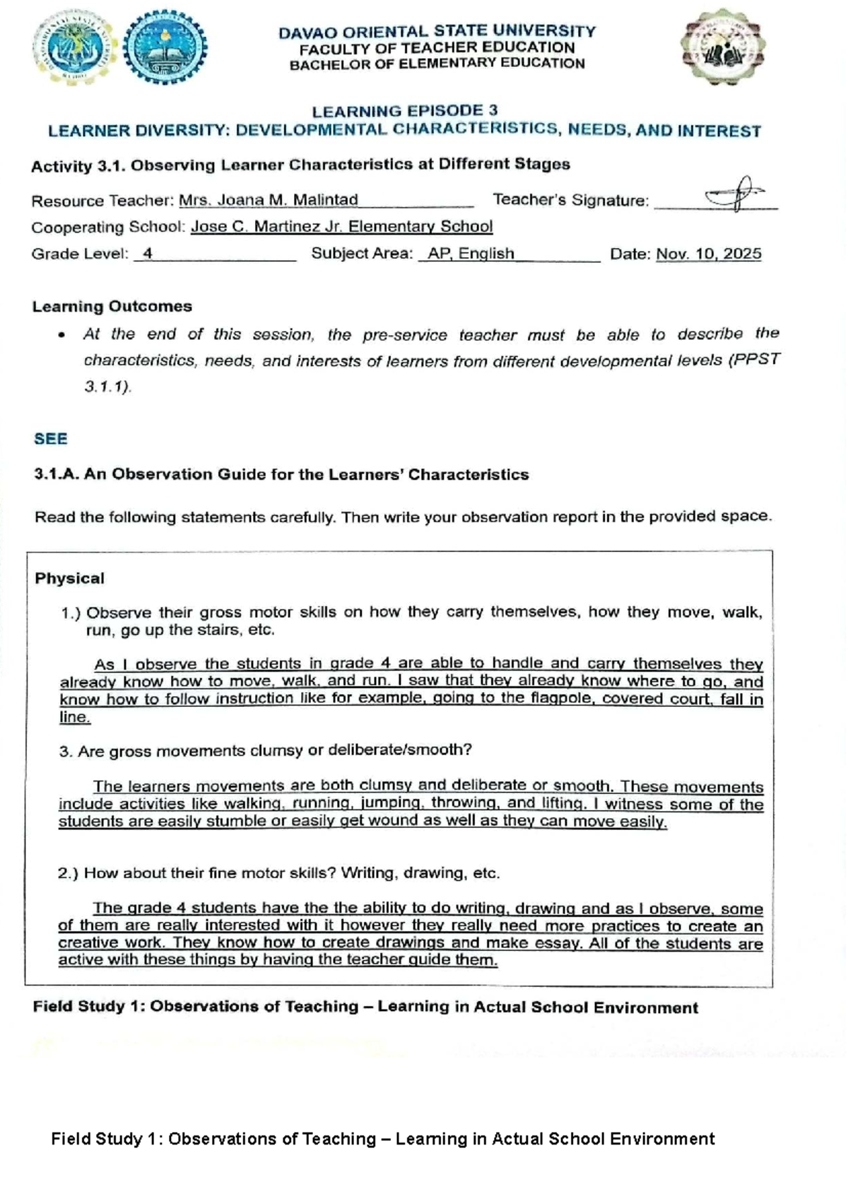 Field Study 1: Observations of Learner Diversity in Elementary ...