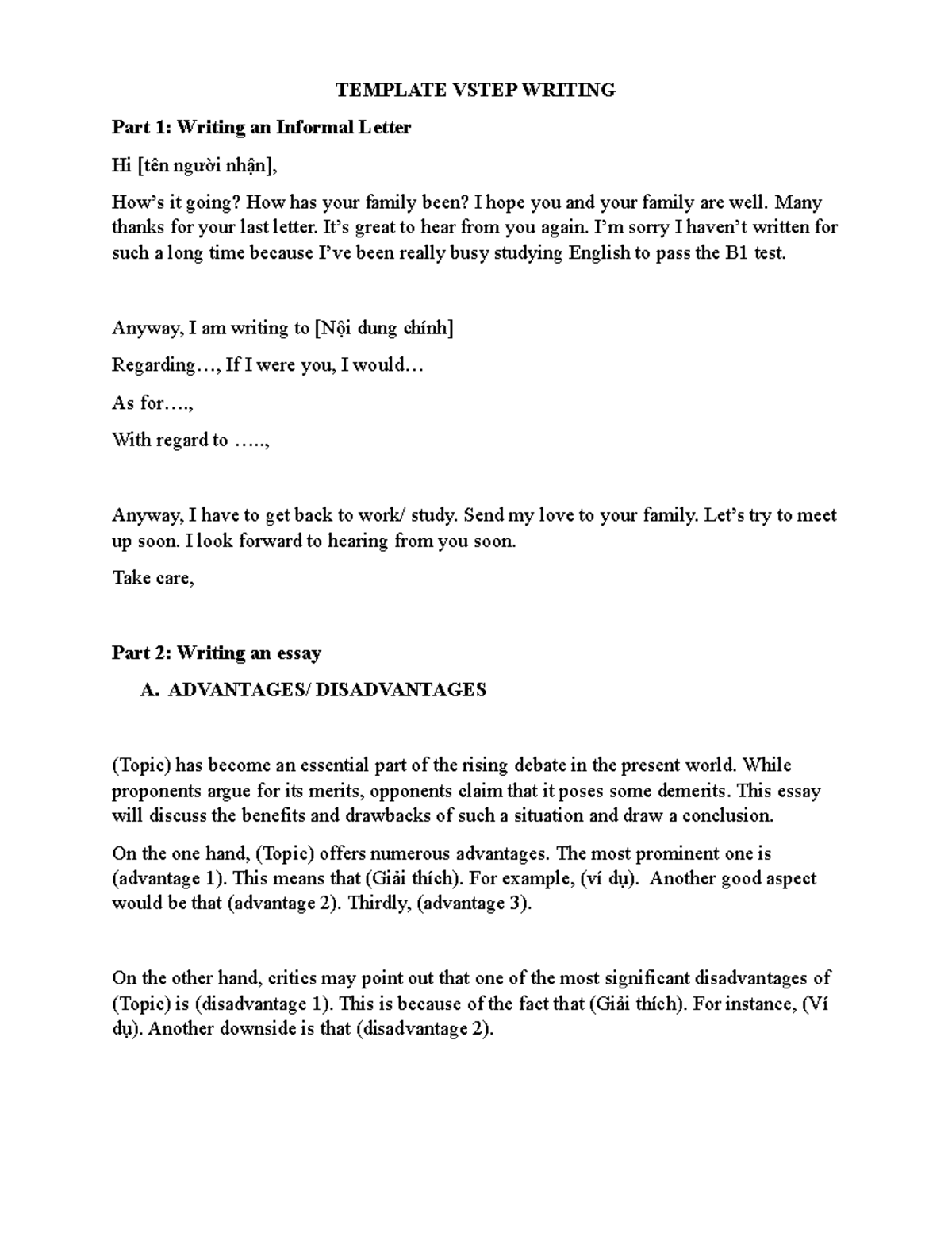 VSTEP Writing Template: Informal Letters, Essays, & Speaking Guide ...
