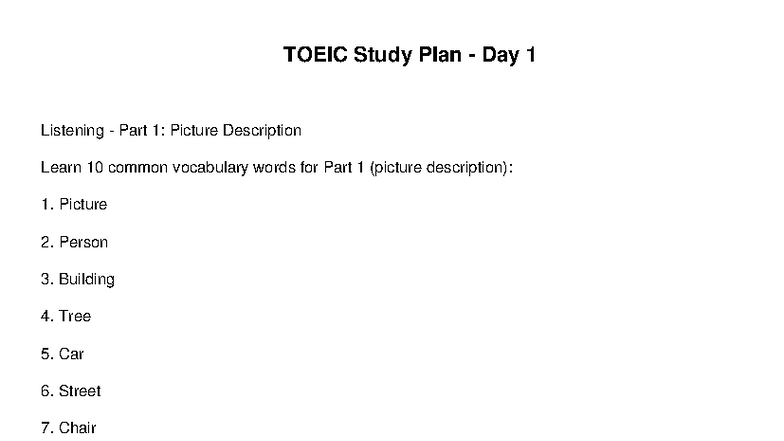 TOEIC Study Plan Day 1: Listening & Basic Grammar Review - Studocu