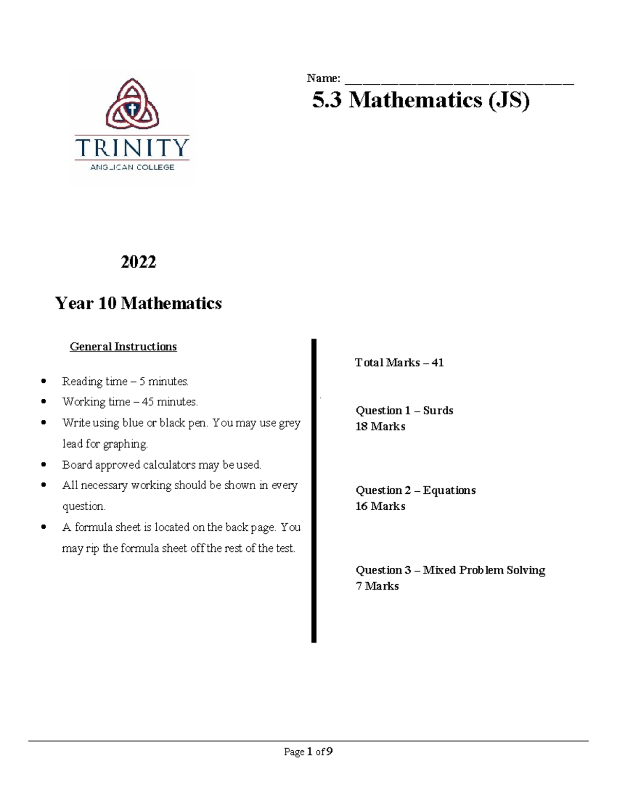 Year 10 Mathematics 5.3 - Practice Test 2023 - Studocu