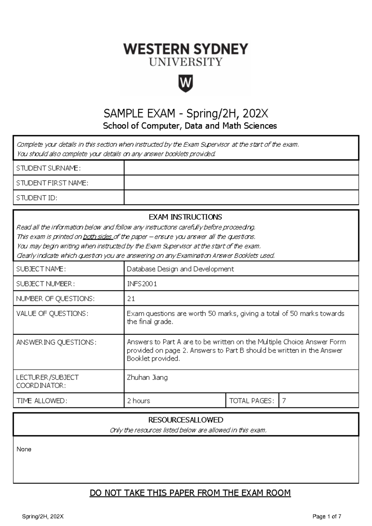 Ddd202x - Sample Exam - Final - Database Design & Development - Studocu