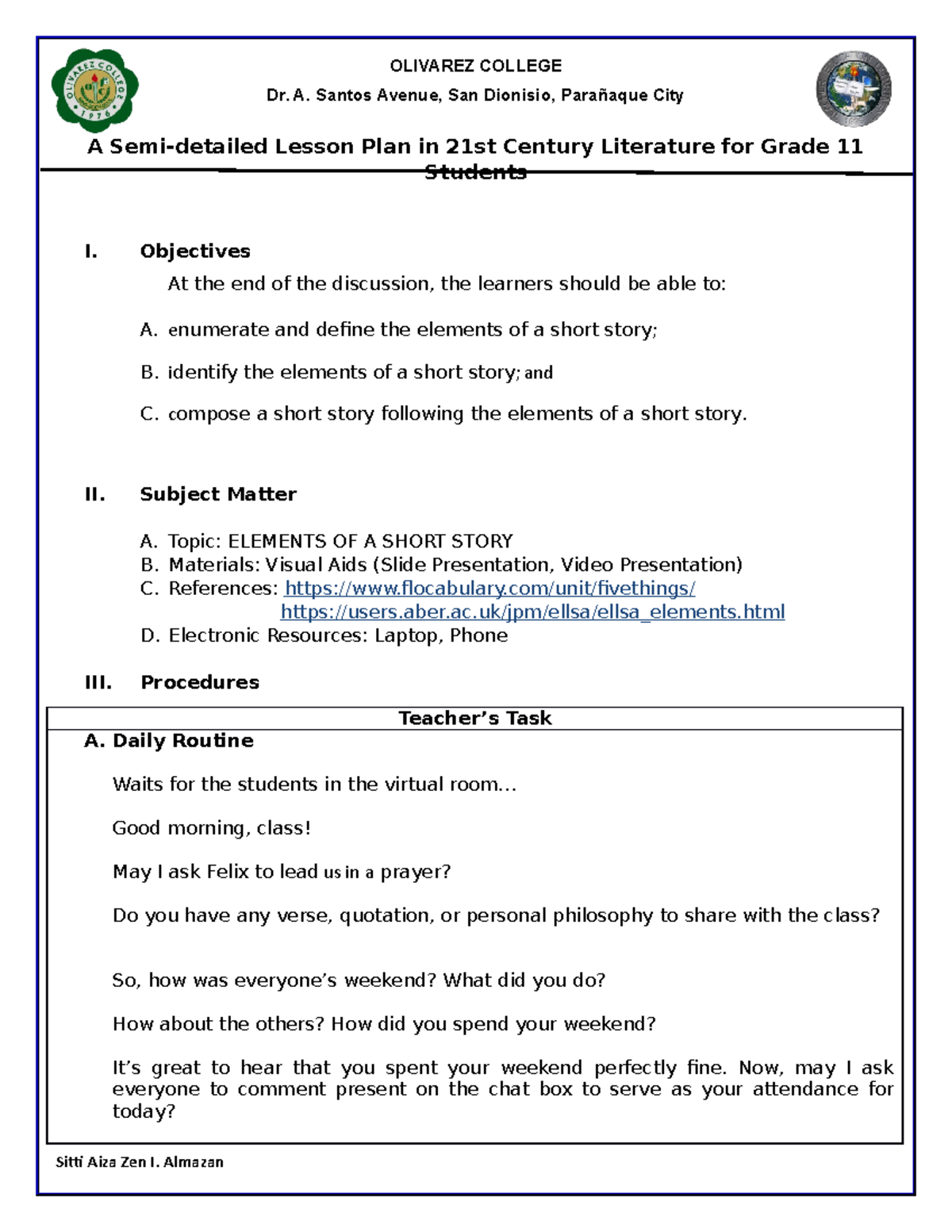 Semi-detailed lesson plan for elements of a short story - OLIVAREZ ...