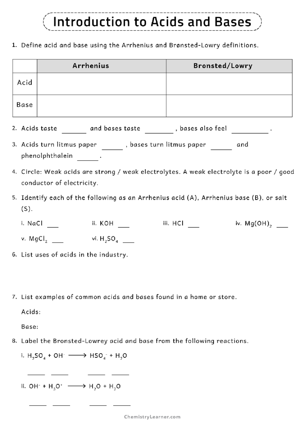 Acids and Bases WS with Answer Key - Understanding Properties and Uses - Studocu