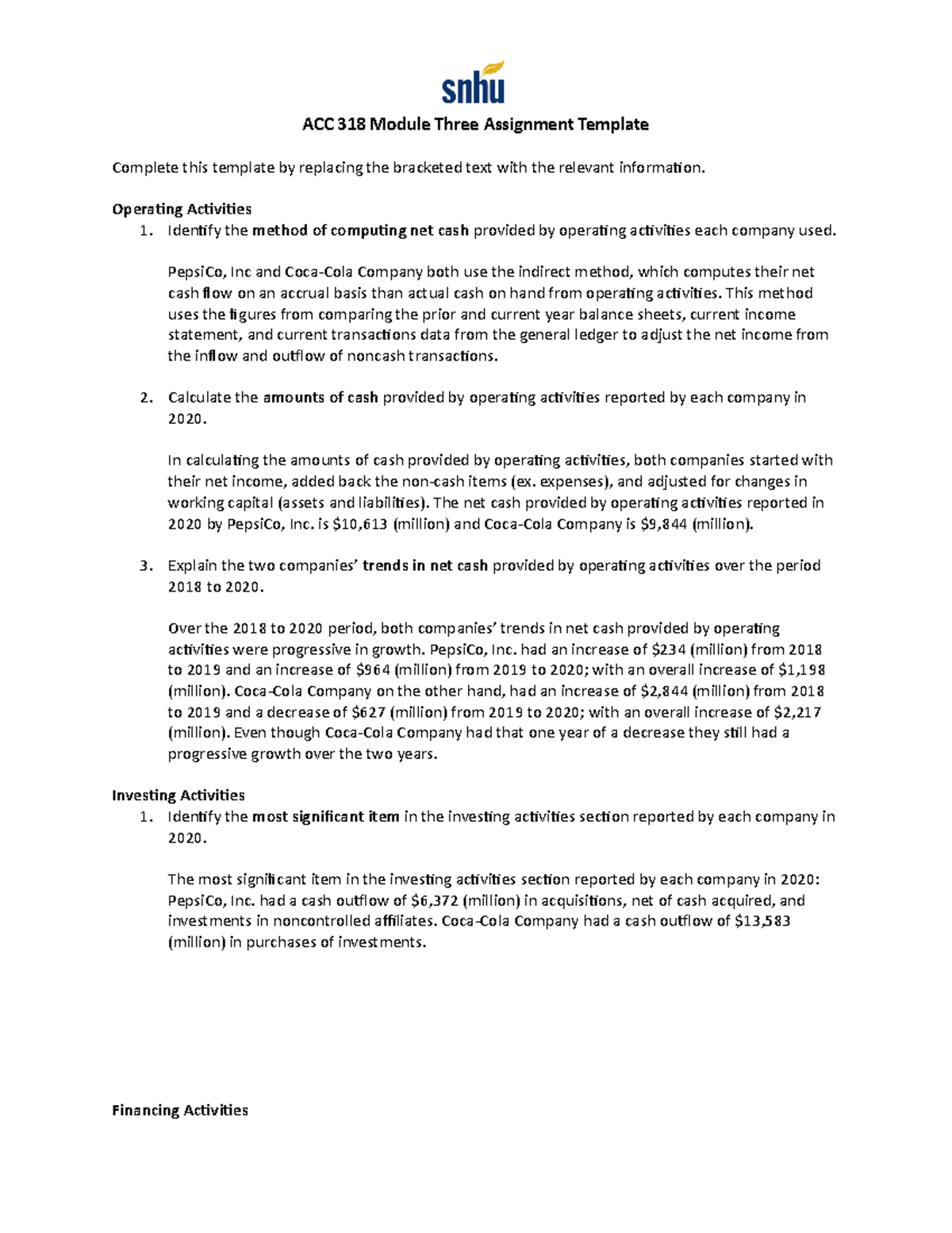 ACC 318 Module Three Assignment: Cash Flow Analysis of PepsiCo & Coca ...