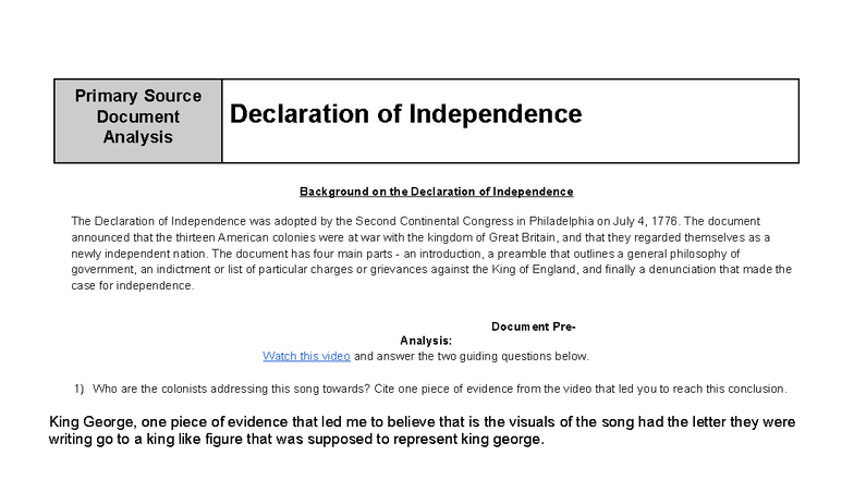 Primary Source Analysis: Declaration of Independence (HIST 101) - Studocu