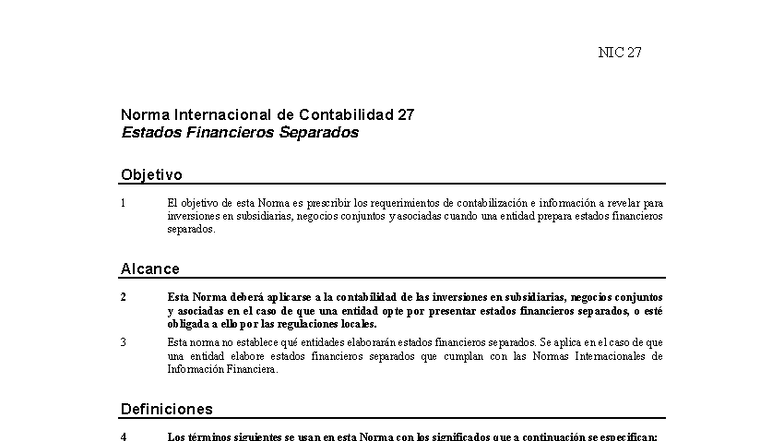 NIC 27: Estados Financieros Separados - Requerimientos y Definiciones ...