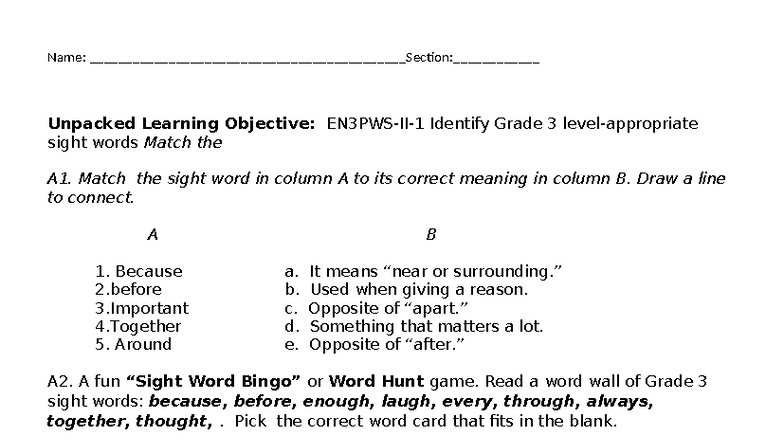 LAS Q3 W1 grade 3 sight words typhoon - Name ...