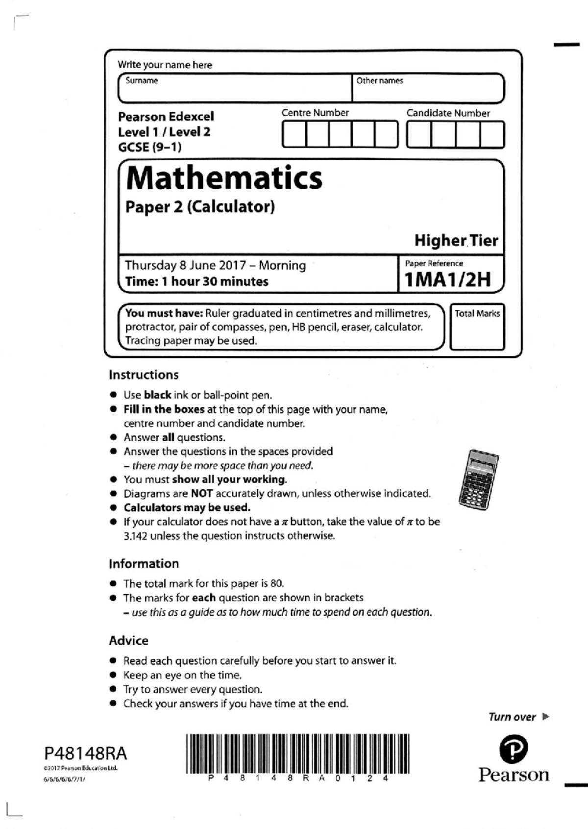 Edexcel GCSE Maths Higher 2017 - Paper 2 Worked Solutions - Studocu