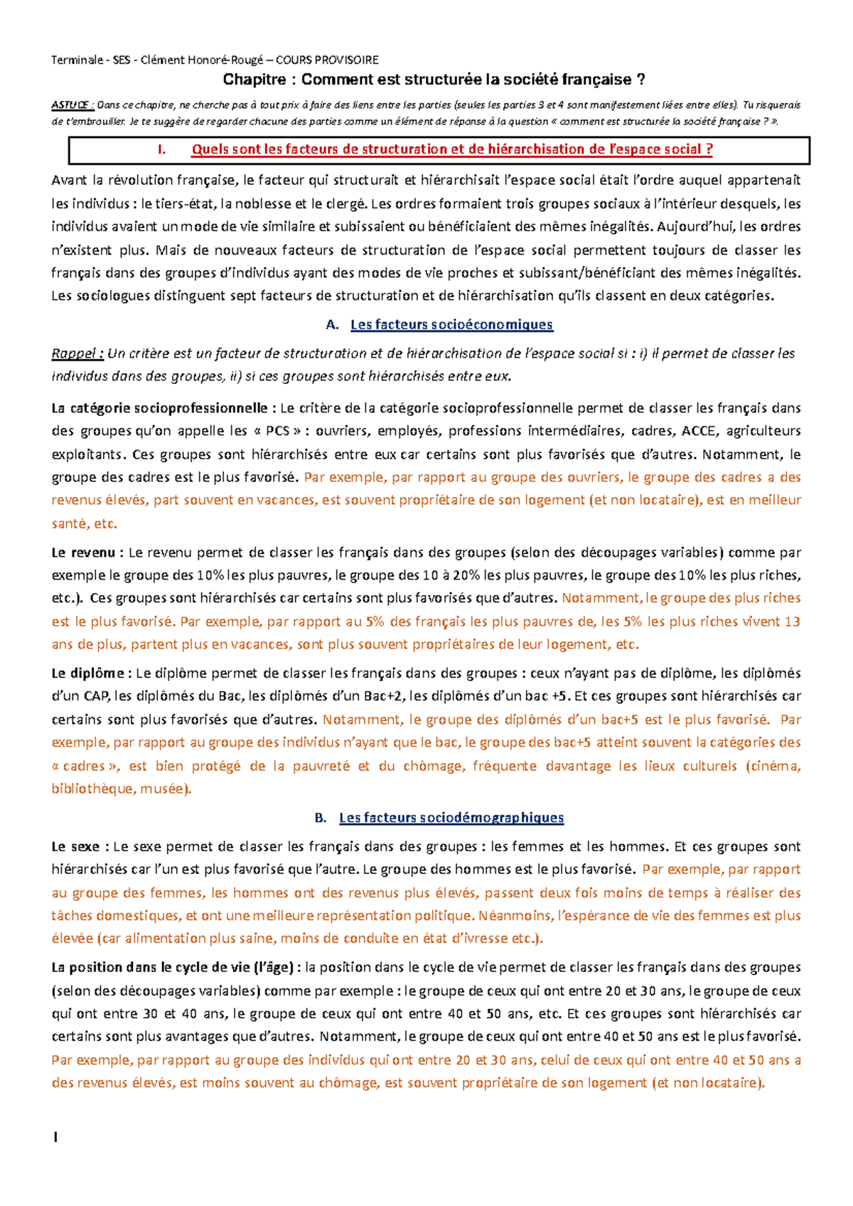 Terminale SES - Cours Provisoire : Structure de la Société Française ...