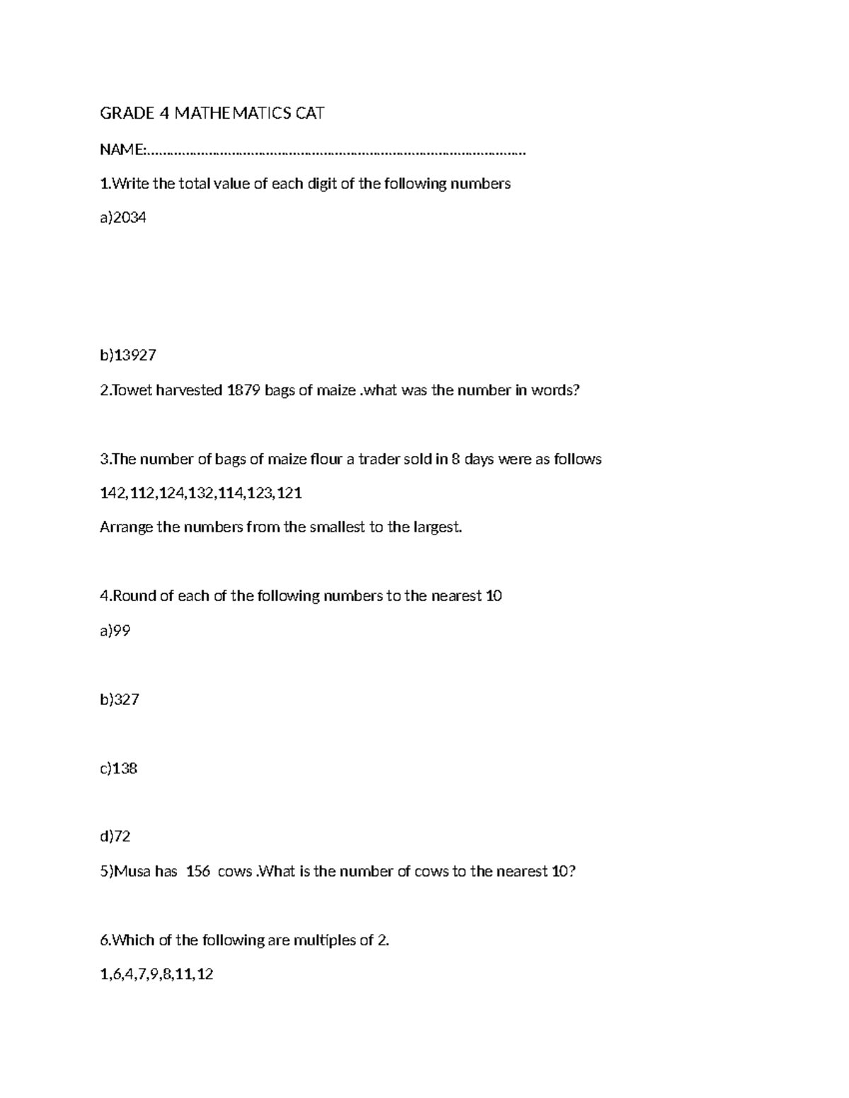 GRADE 4 MATHEMATICS CAT 1: Number Value & Rounding Exercises - Studocu