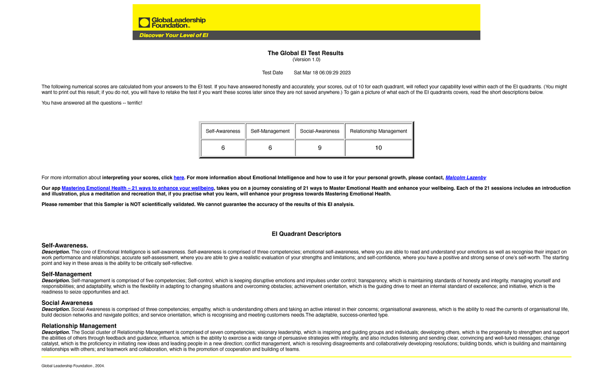 Emotional Intelligence Test Results sample - The Global EI Test Results ...