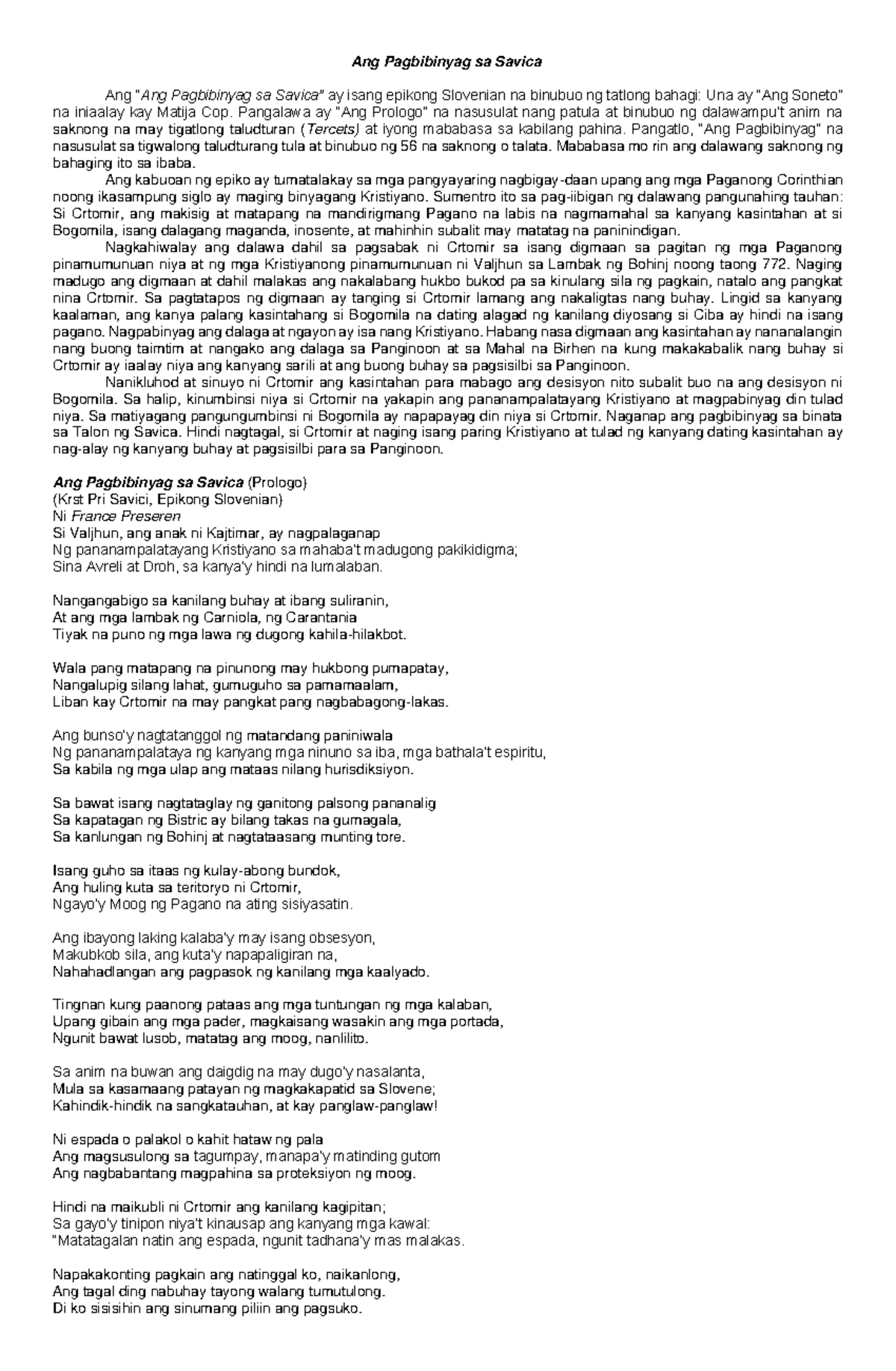 Ang Pagbibinyag sa Savica: Isang Epiko ni France Preseren - Studocu
