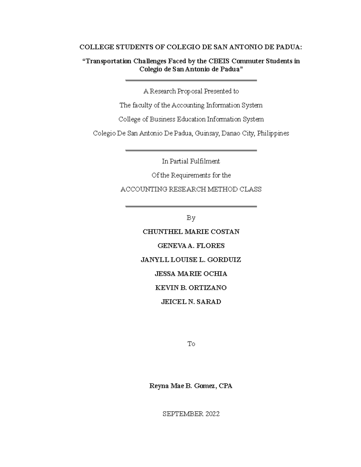 CBEIS Transportation Challenges: A Study on Commuter Students at CSAP ...