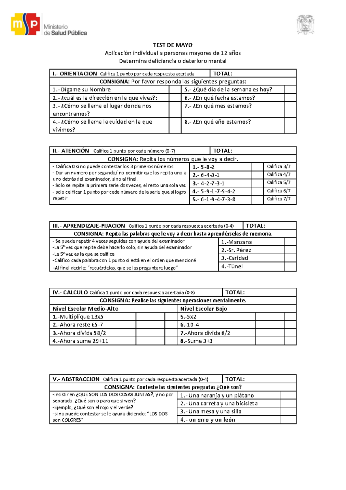 Test de Mayo: Evaluación de Deterioro Mental en Adultos Mayores - Studocu