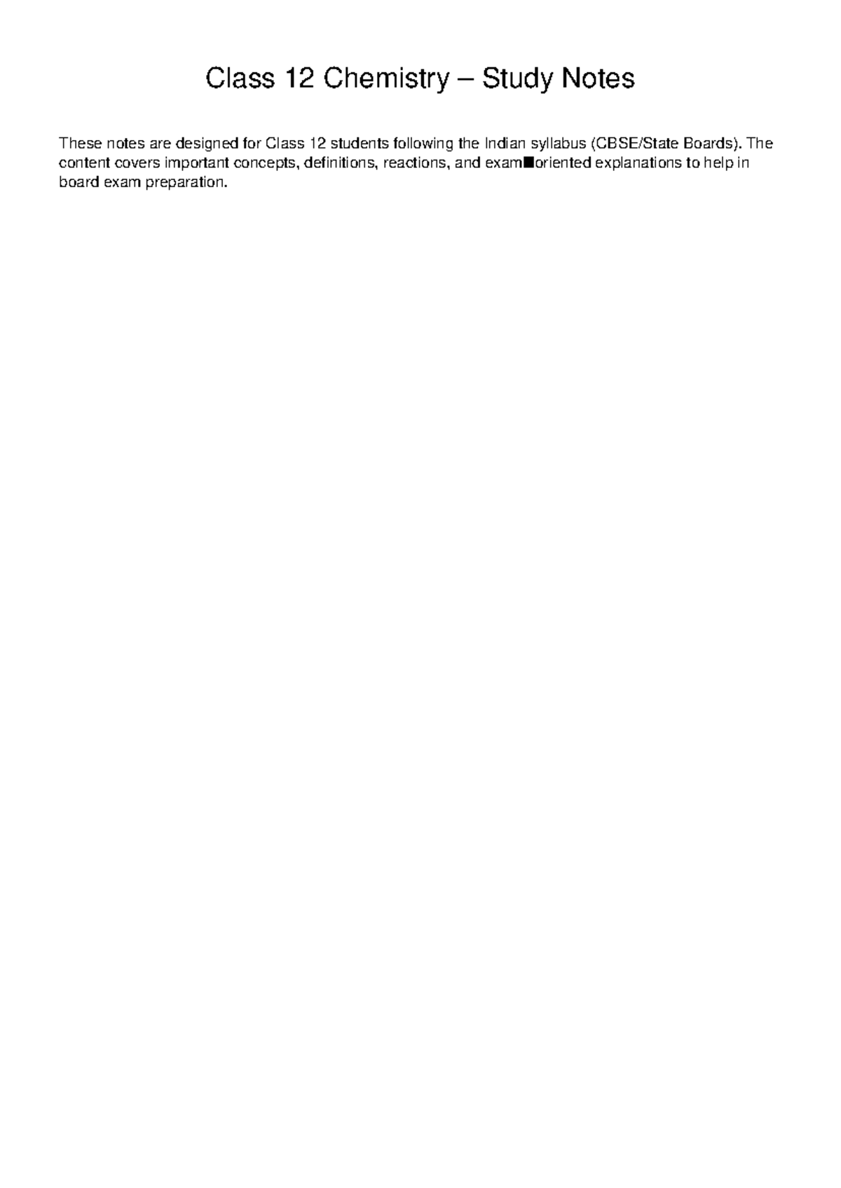 Class 12 Chemistry Study Notes for Board Exam Preparation - Studocu
